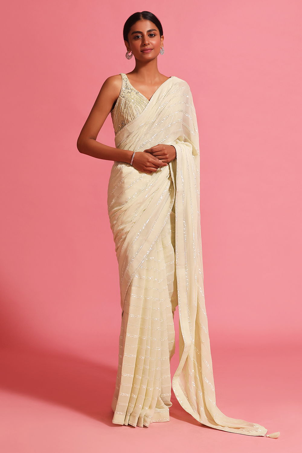 Cream Ivory Sequin Patterned Saree with Hand-Embroidered Blouse ...