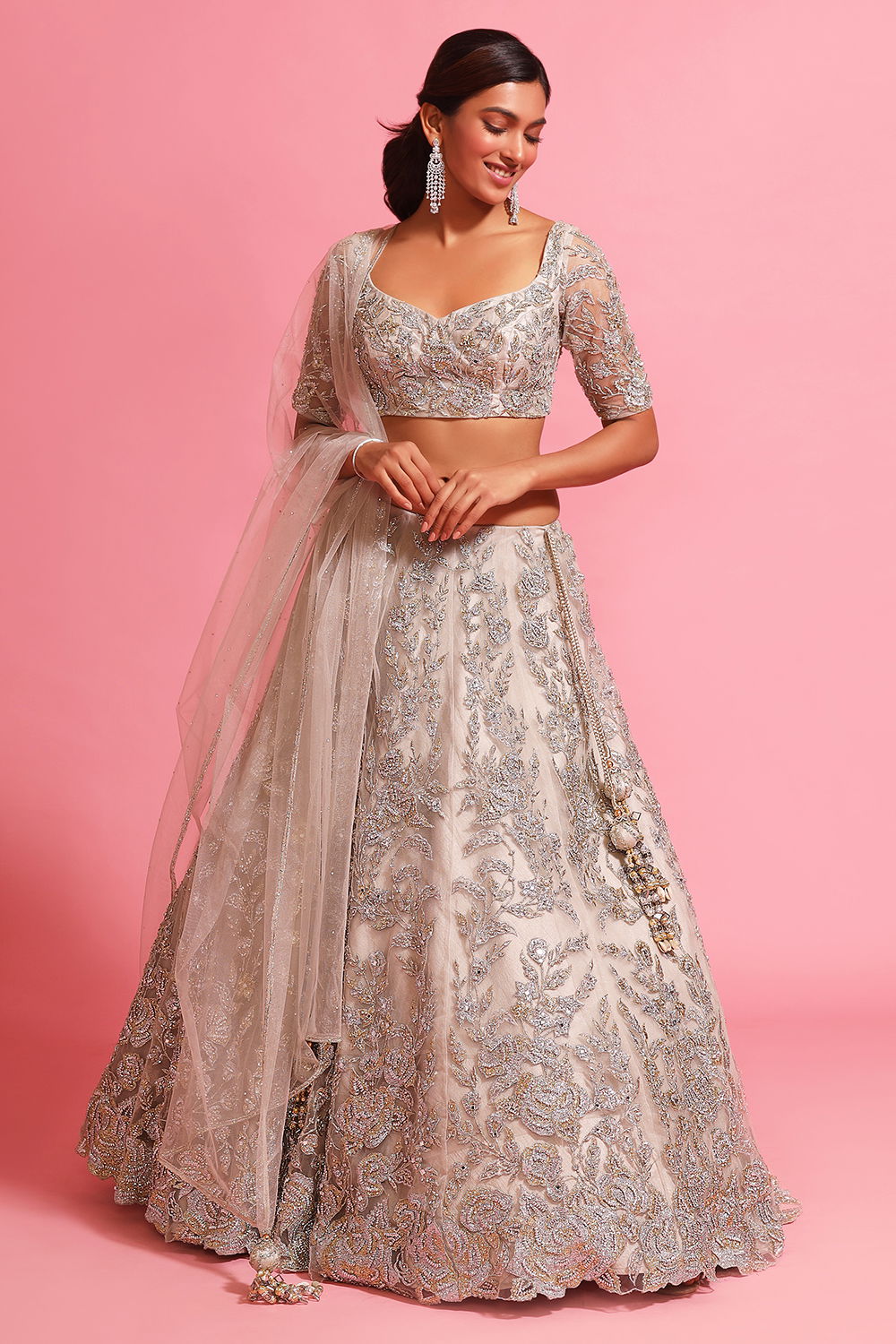 STEEL GREY SILVER LEHENGA SET WITH ALL OVER SILVER AND GOLD LACE ...