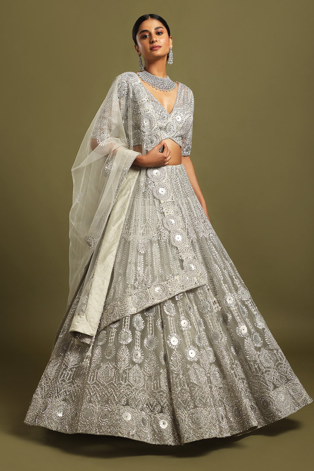 Steel Grey Classic Lehenga Set with Patterned Silver Zari Embroidery ...