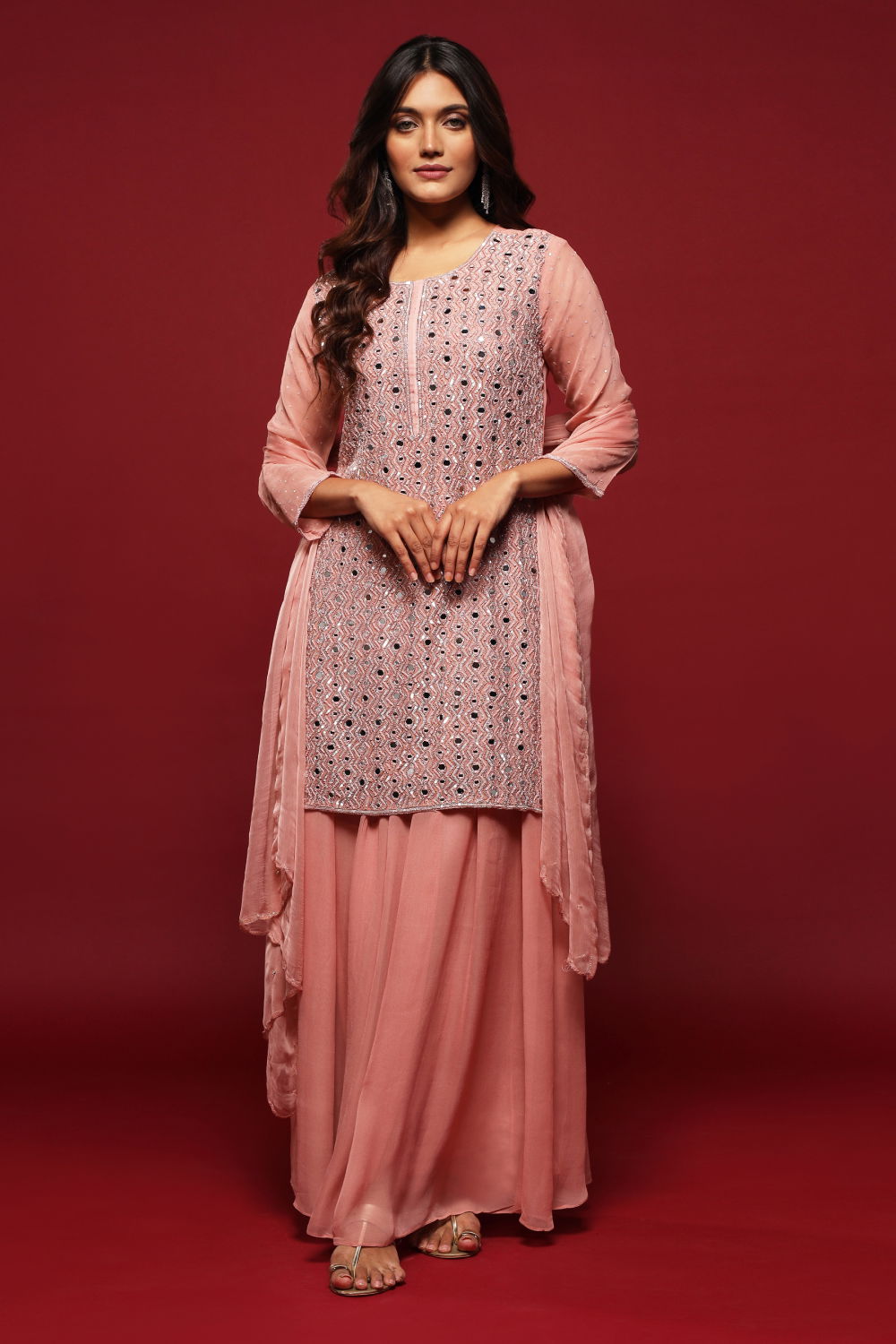 Petal Pink Mirror Work Long Kurta Top with Palazzo Pants - Seasons India