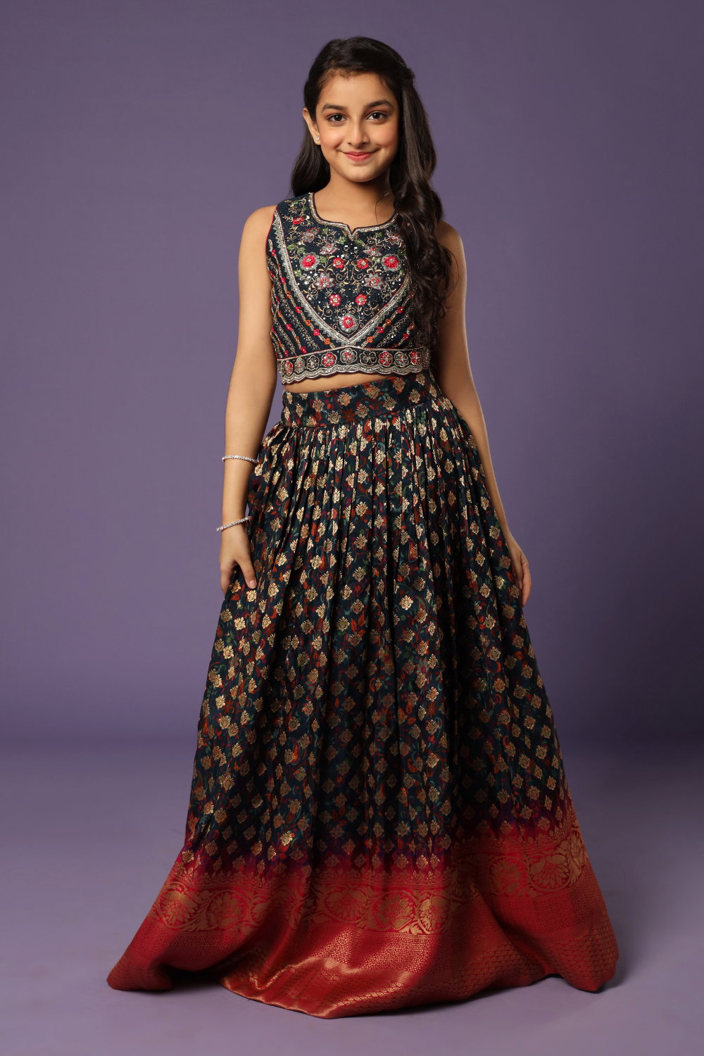 Deep Blue to Red Ombré Banarasi Lehenga Set with Multi-Colored Blouse ...