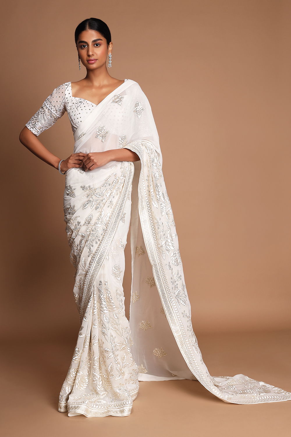 Timeless Ivory White Saree Set with Floral Motifs & Gold Details ...