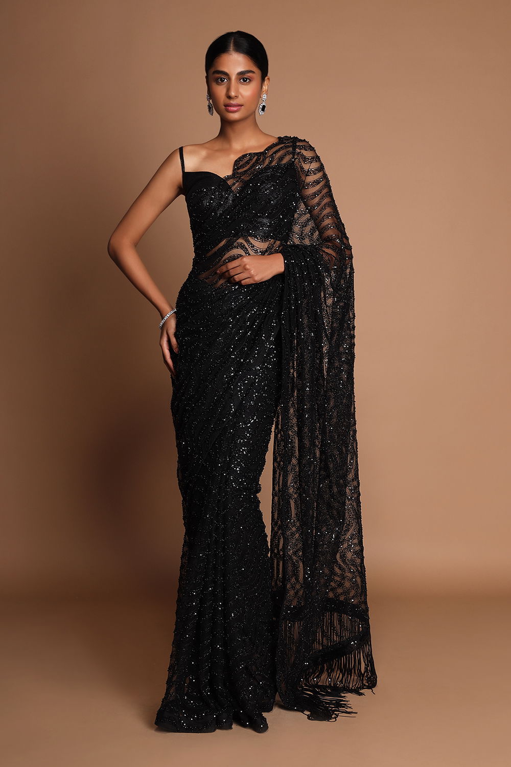 Raven Black Shimmery Patterned Cocktail Saree with Matching Blouse ...