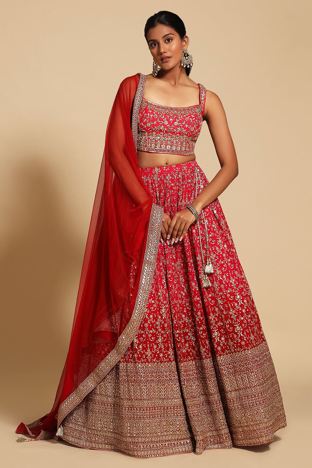 Deep Red Ombré Lehenga Set with Gold Zari Work and Hand-Embroidered ...