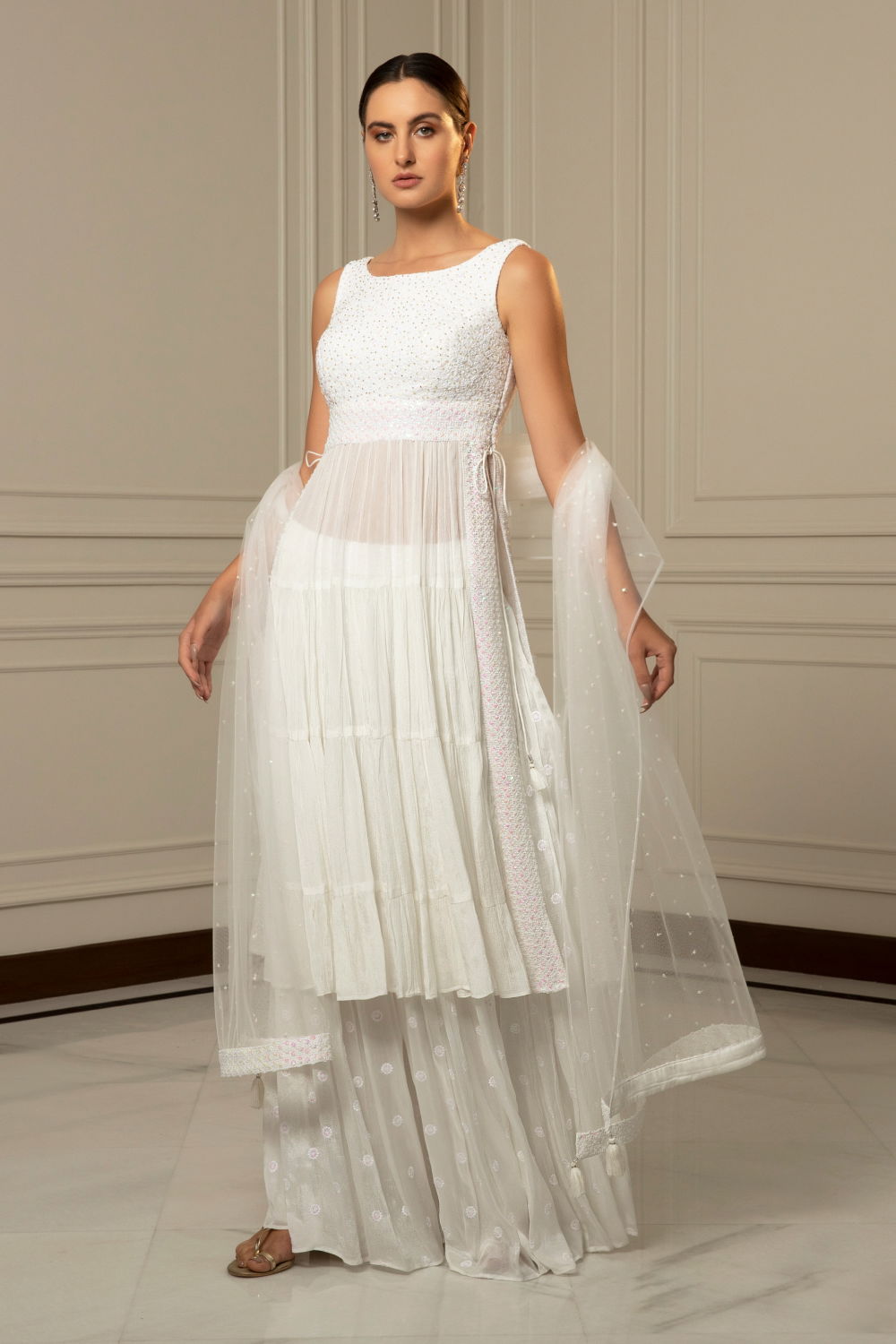 Ivory White Tiered Long Kurta Top with Chikan Bodice and Palazzo Pants ...