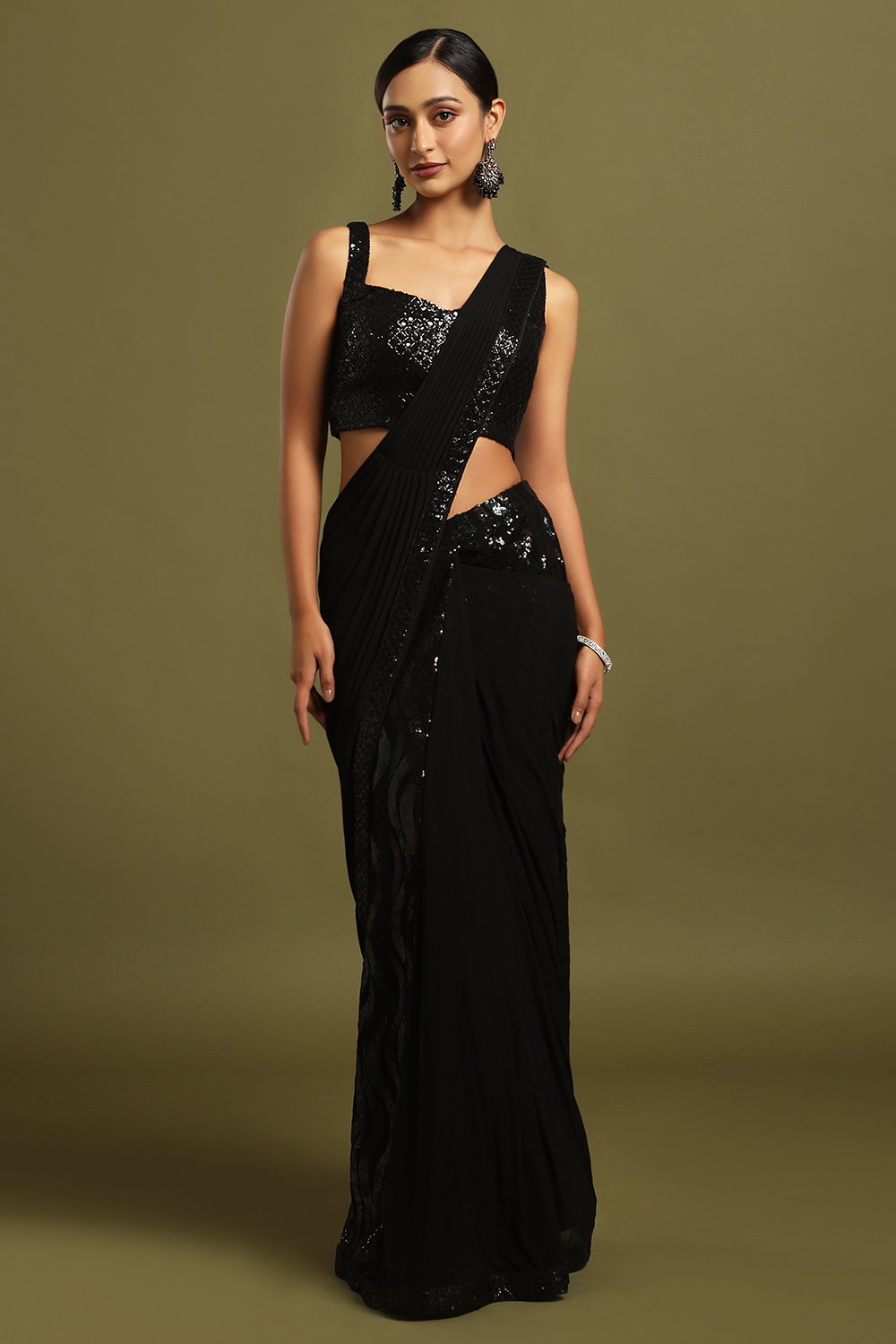 Jet Black and Green Sequinned Cocktail Saree Set - Seasons India