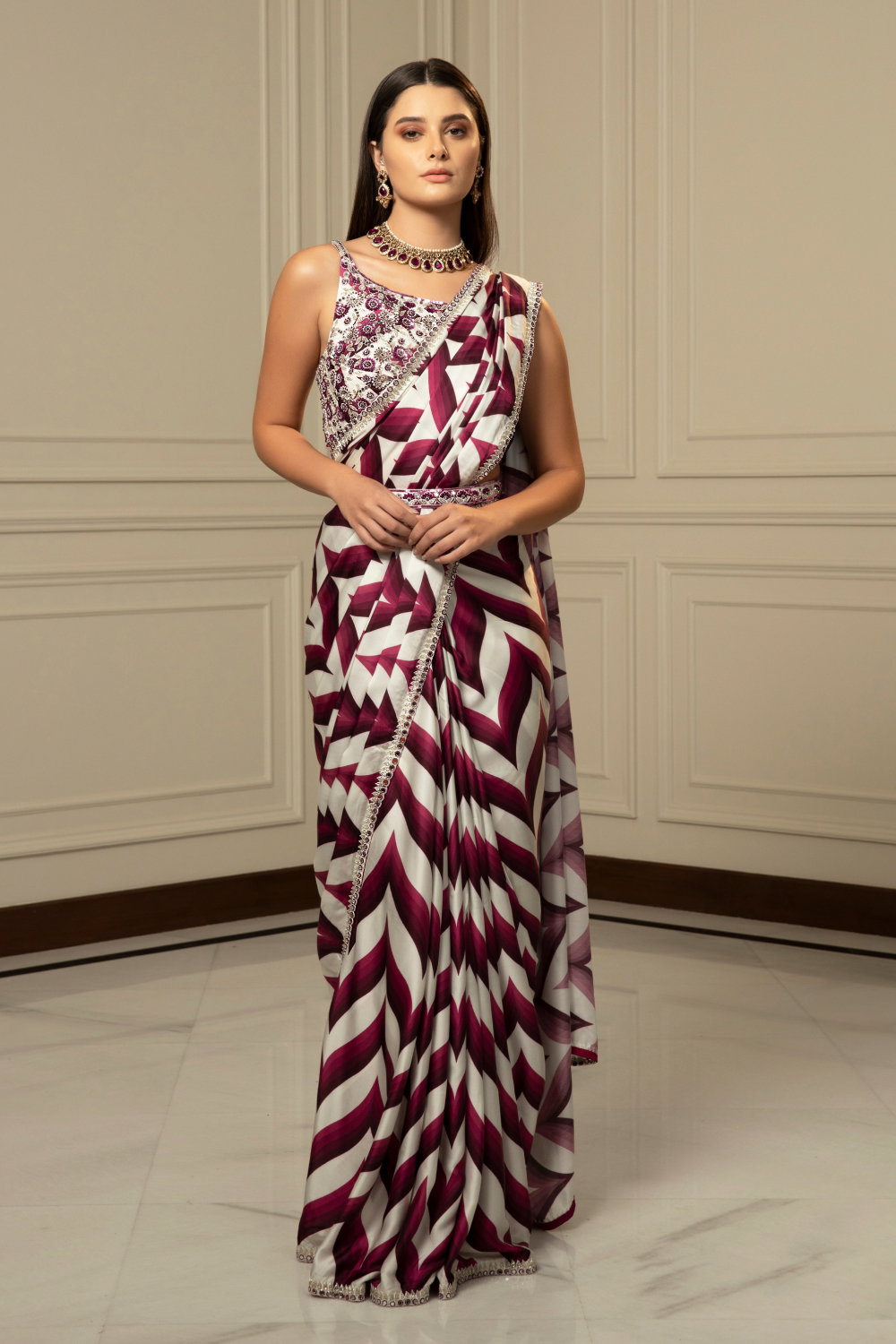 Ivory and Wine Magenta Illusion Printed Saree Set with Hand-Embroidered ...