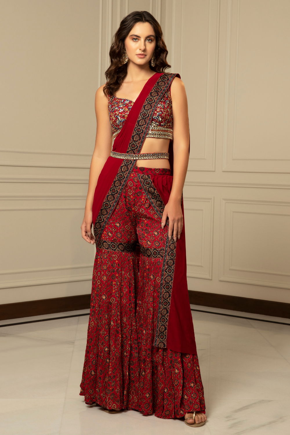 Deep Red Sequin Printed Tiered Sharara Pant Saree Set with Embroidered ...