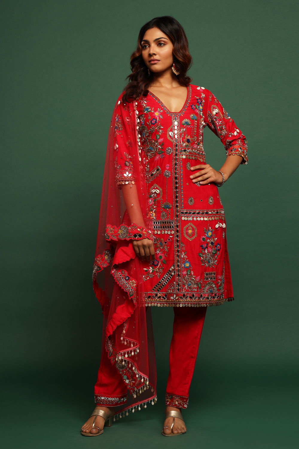 Cherry Red Long Mirror Work Kurta Top with Colored Embroidery and ...