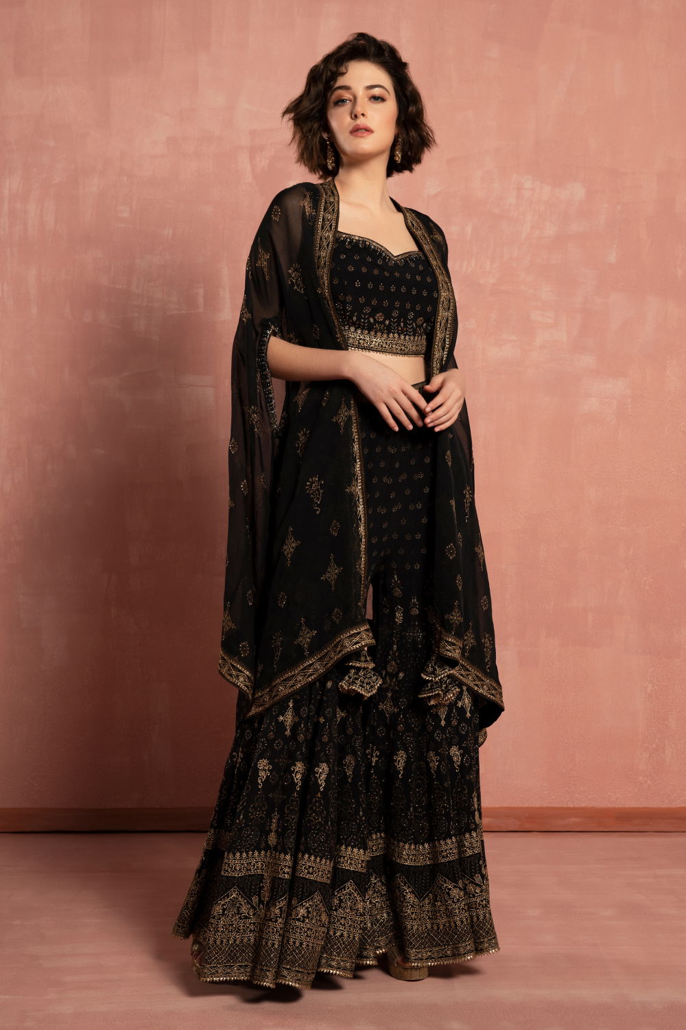 Raven Black Printed Sharara Pant Set with Draped Open Jacket and Light ...