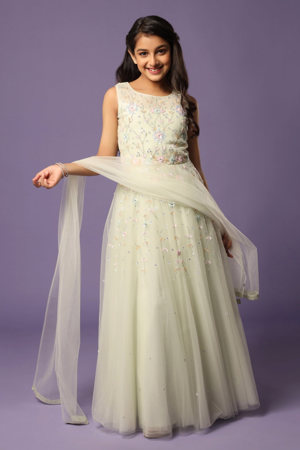 Pastel Green Classic Tulle Gown Set with Patterned Hand Embroidery ...