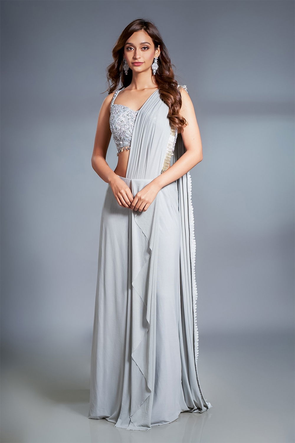 Pastel Grey Pre-Stitched Draped Saree with Foil Fabric Frill Details ...