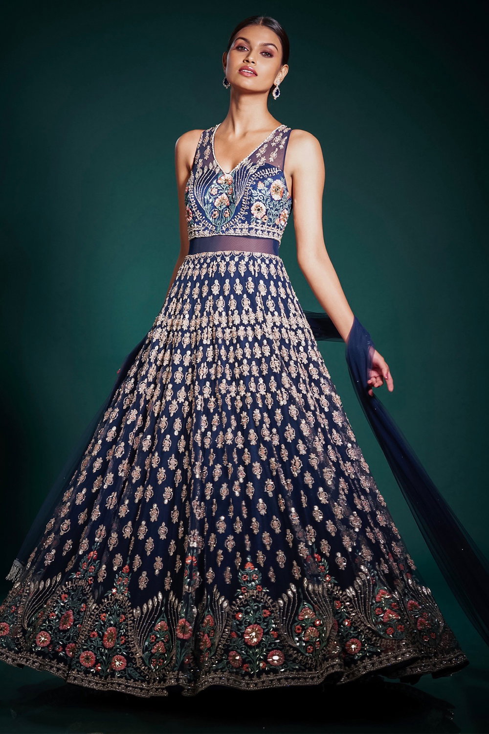Navy Blue Gown Set with Multicoloured Embroidery and Gota - Seasons India