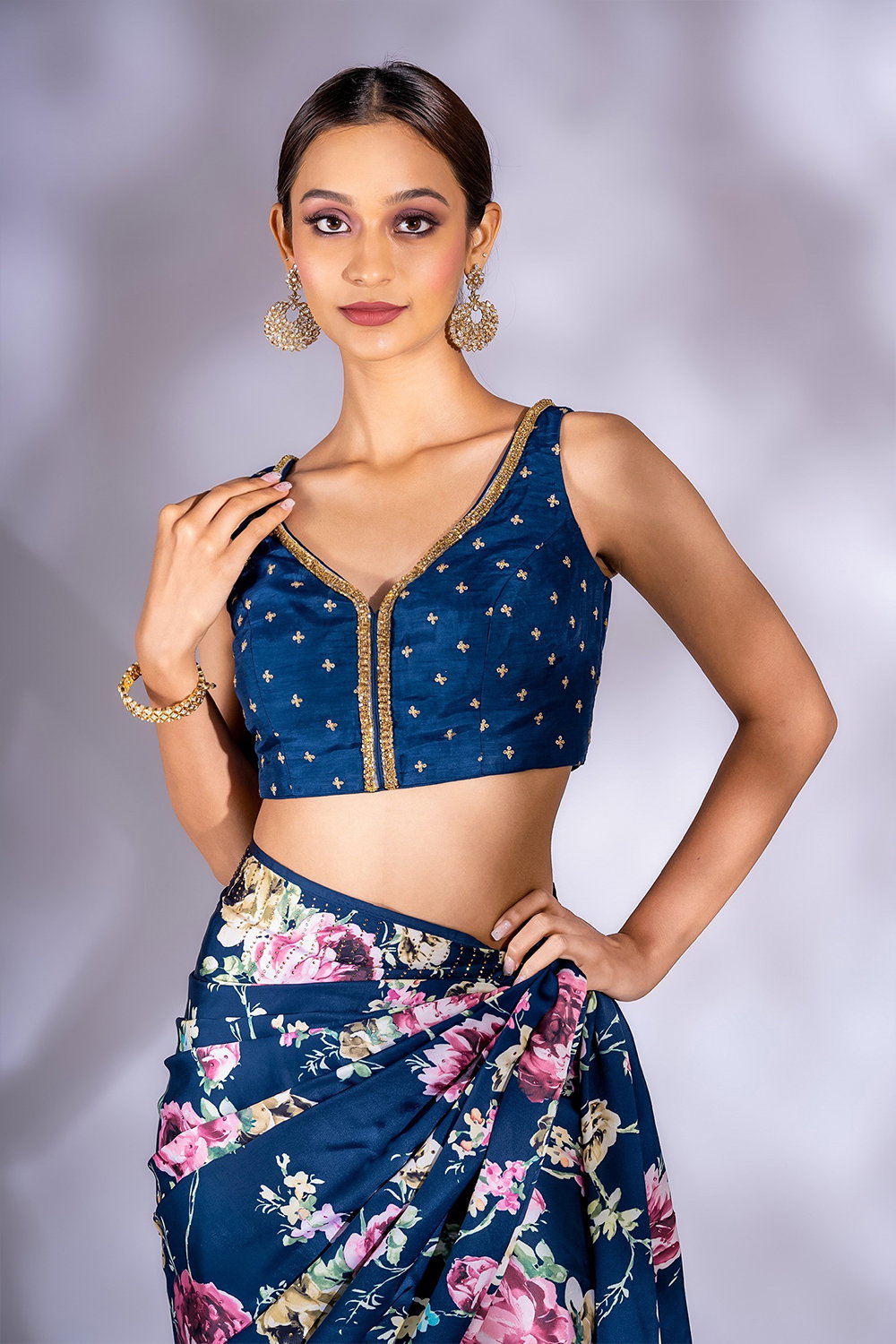 Deep Blue Classic Blouse with Butis & Gold Embellishments - Seasons India