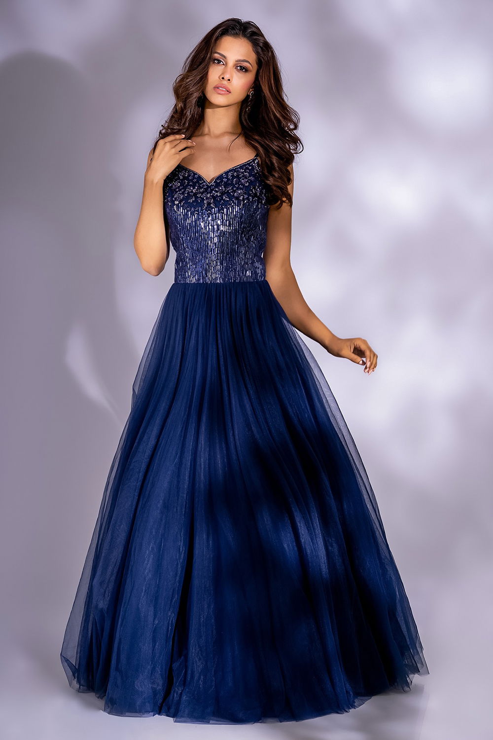 Deep Blue Gown with Hand-Embroidered Bodice & Self-Coloured ...