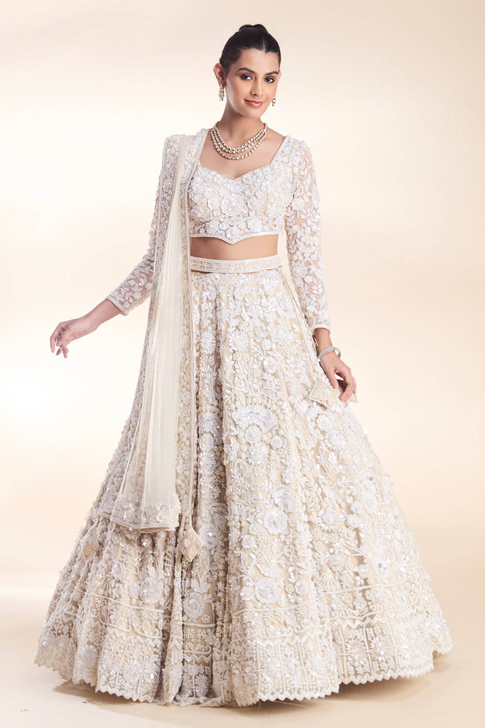 CREAM IVORY CLASSIC BRIDAL LEHENGA SET WITH ALL OVER PATTERNED ...